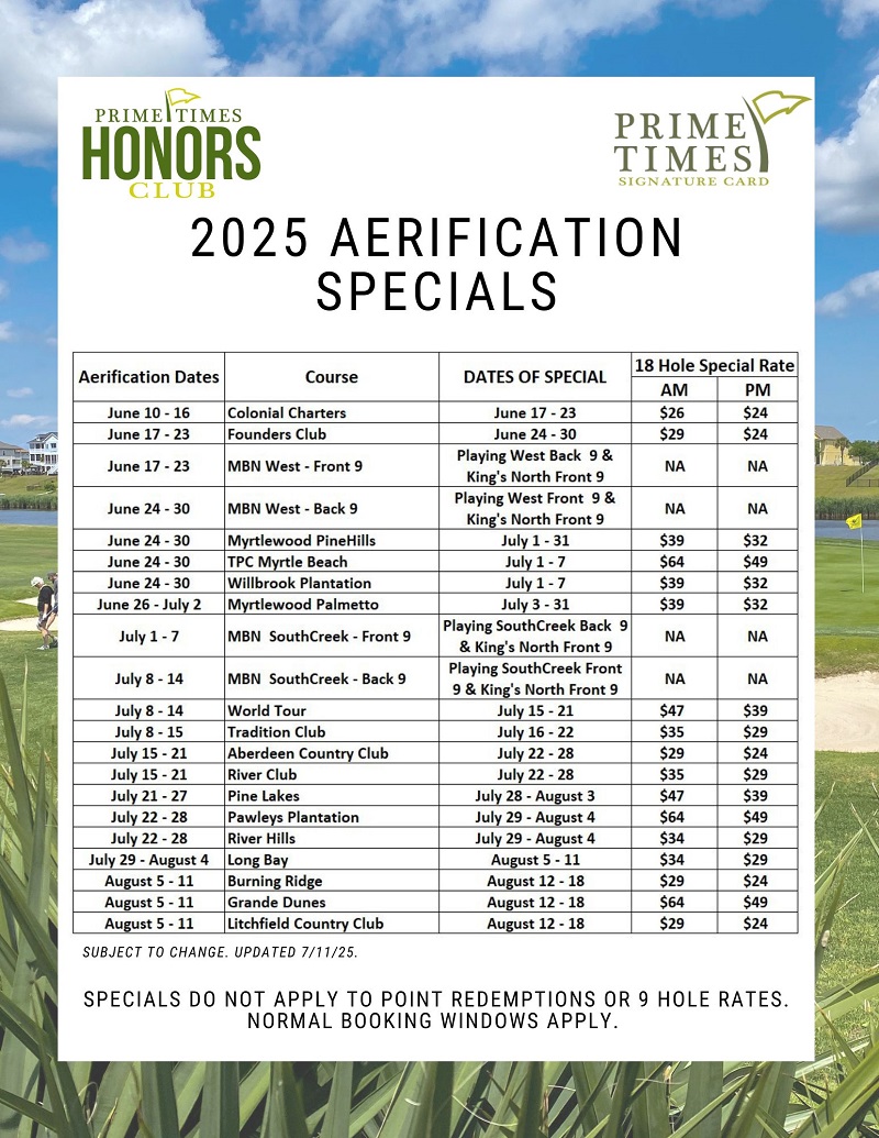 2025 Aerification Schedule & Specials - Prime Times Honors Card : Prime Times Honors Card